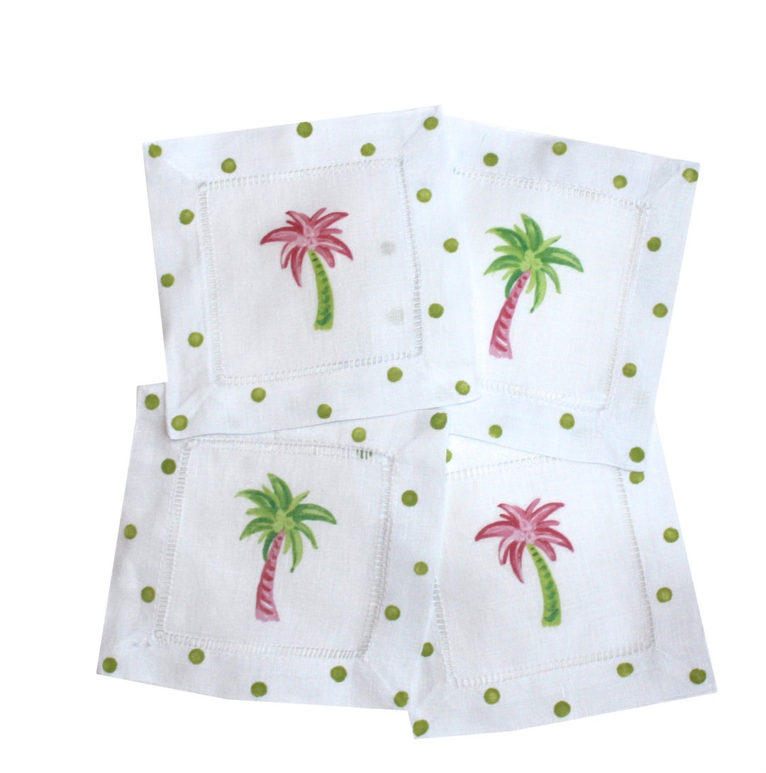 Pink and Green Palm Tree Linen Beach Tropical Cocktail Napkins - Etsy