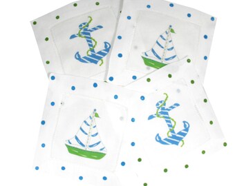 Blue Anchor Nautical Linen Cocktail Napkins | Etsy