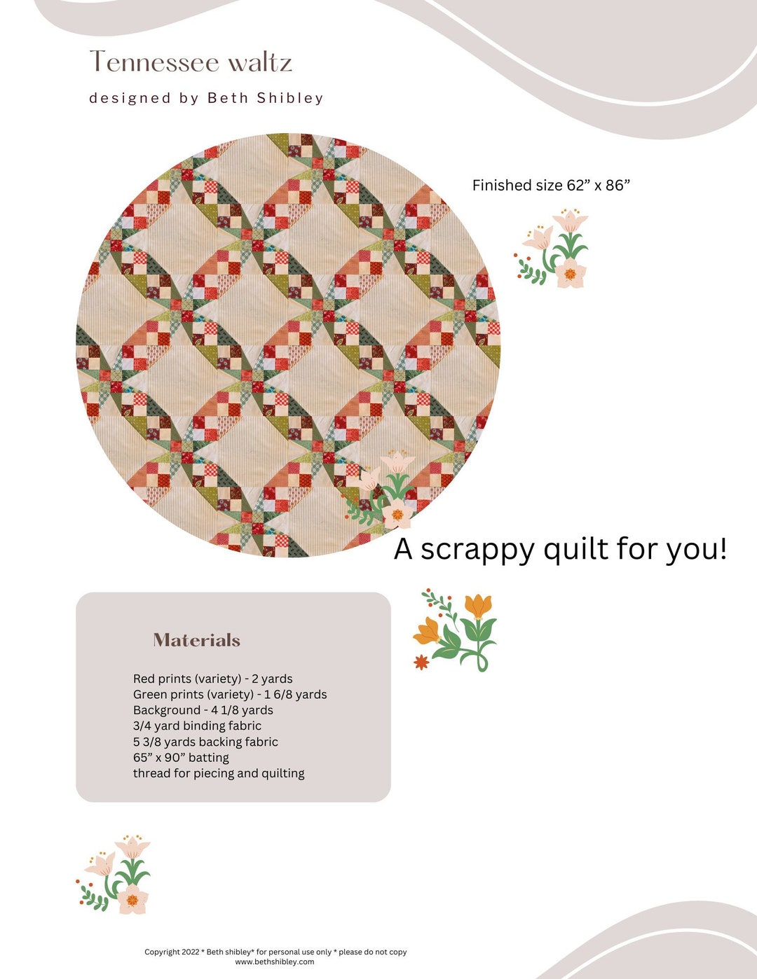 PDF Pattern for Tennessee Waltz Quilt - Scrap Quilt - Finished Size 62 ...