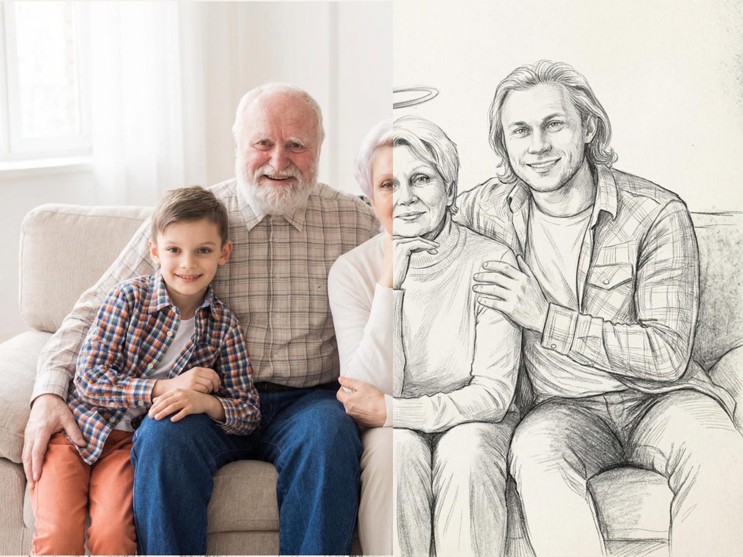 Custom Pencil Sketch Portrait, Add Deceased Loved One to Photo, Digital ...