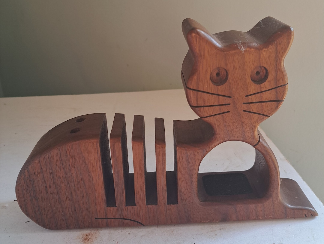 Vintage 1983 Arlene Brand Teak Cat Desk Organizer MCM Mail Stamps Post ...