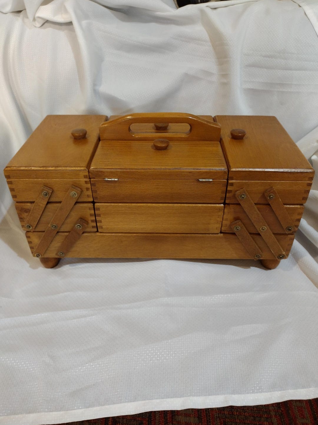 Vintage MCM Mid Century Sewing Box Crafting Accordion Style Fold Out ...
