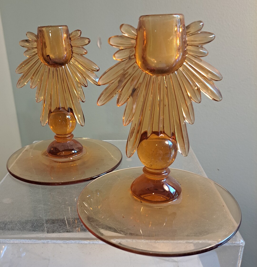 Vintage Pair Fostoria AMBER Flame Pair Candles Candleholders ...