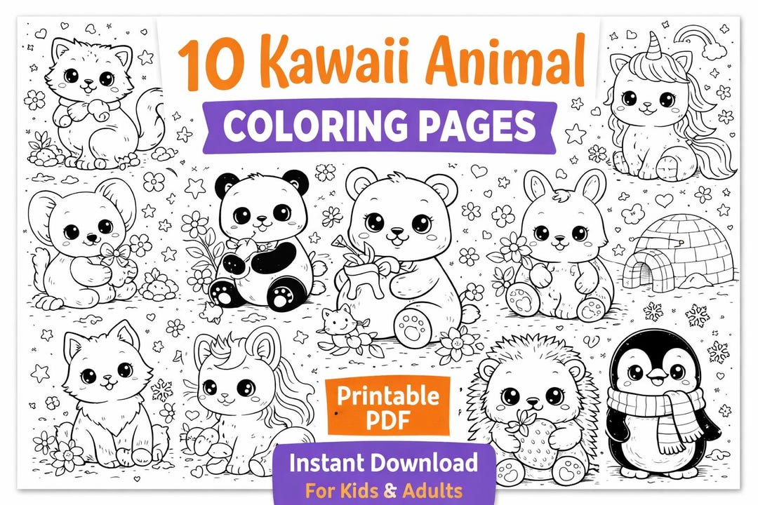 Kawaii Animal Coloring Pages for Kids | Bold Line Art (PDF) - Etsy