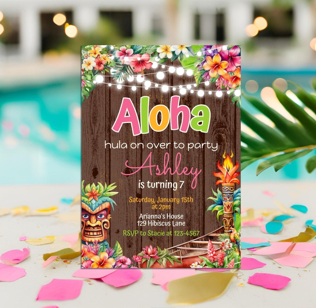 Editable Aloha Pool Party Invitation, Tiki Hawaiian Birthday Invite ...