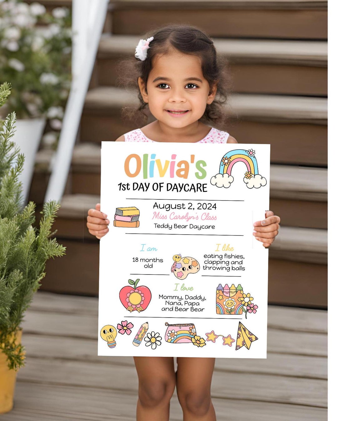 Editable First Day of Daycare Sign Template, Pastel Girl Digital Baby ...