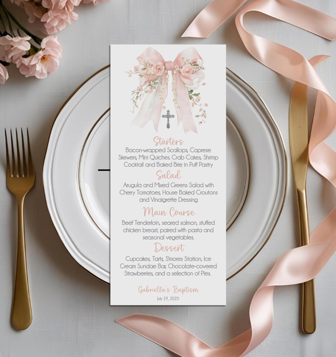 Pink Bow Baptism Menu Template, Watercolor Floral Coquette Girl ...