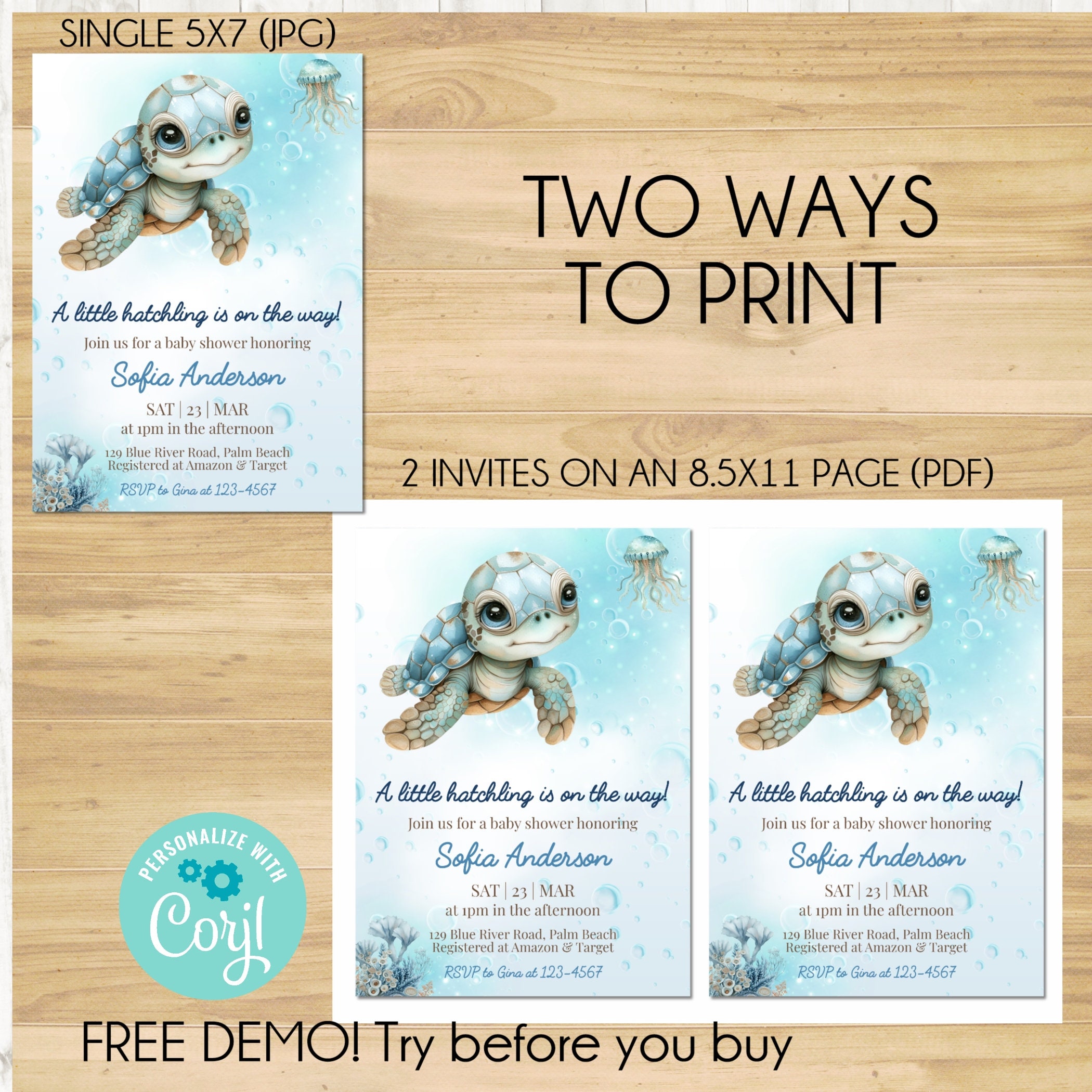 Editable Sea Turtle Baby Shower Invitation, Teal Under the Sea Baby Boy ...