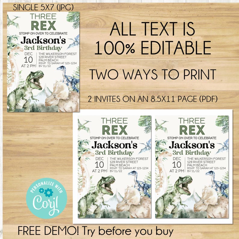 Editable Three Rex Dinosaur Birthday Invitation, T Rex Dino Birthday ...