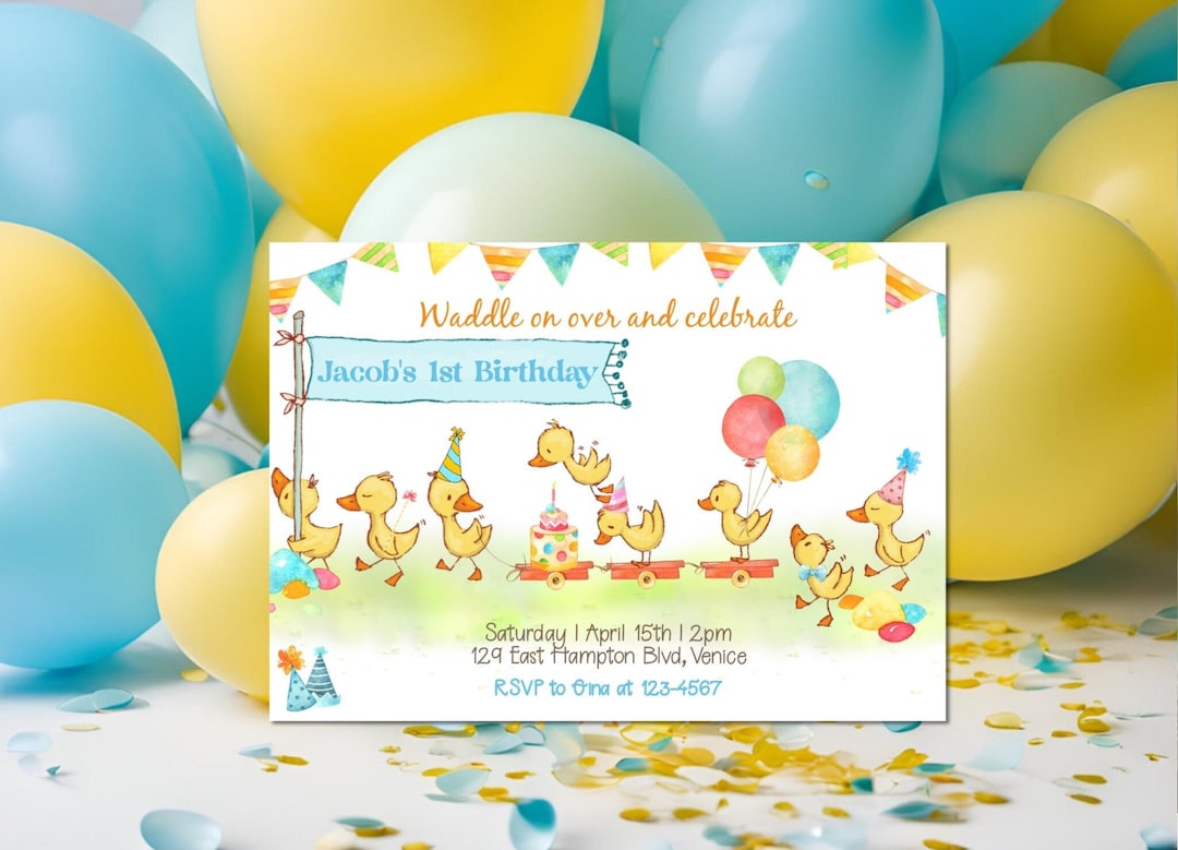 Invitación de primer cumpleaños de pato, Pato de la suerte, Invitación ...