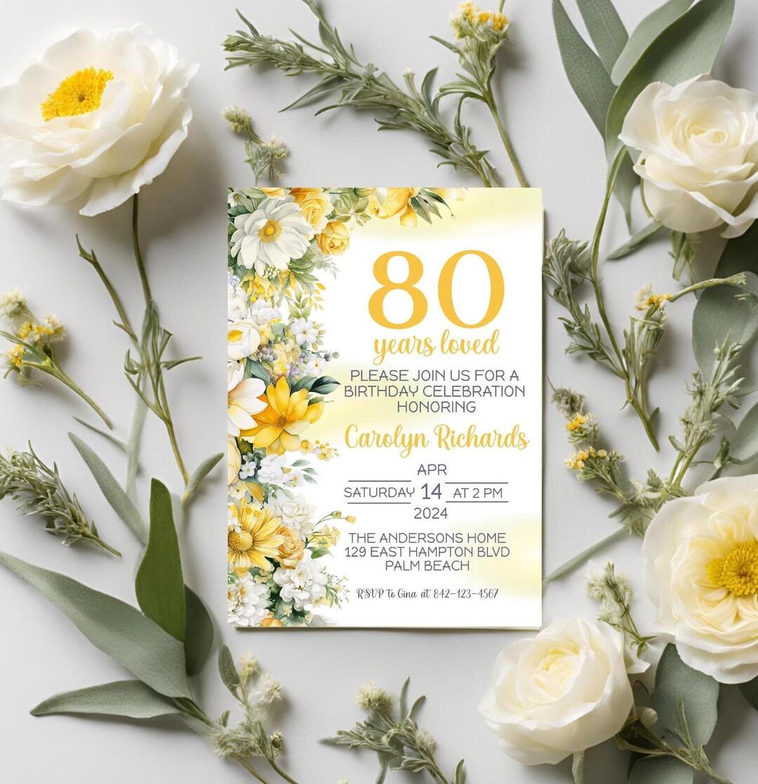 80th Yellow Rose Birthday Invitation, 80th Invite Template, Digital ...
