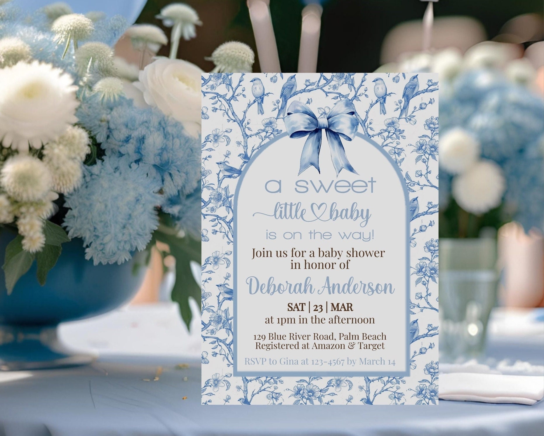 Toile De Jouy Baby Shower Invitation, Light Blue Chinoiserie Baby ...