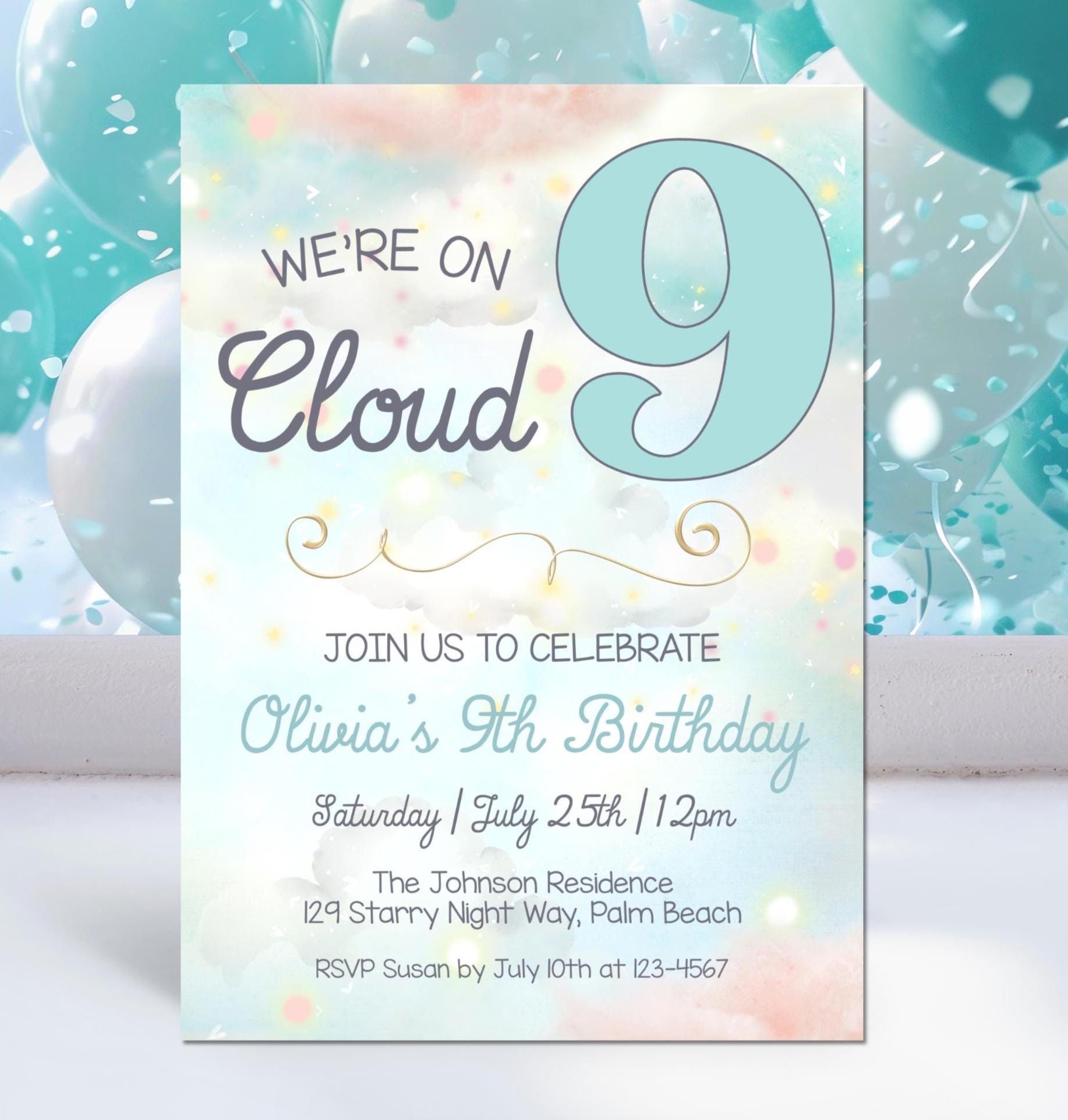 Cloud 9 Birthday Invitation Template, Editable Girl Cloud Nine Party ...