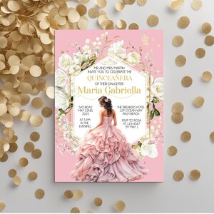 Quince Invitation Pink Quinceanera Dress Template Editable Floral Party ...