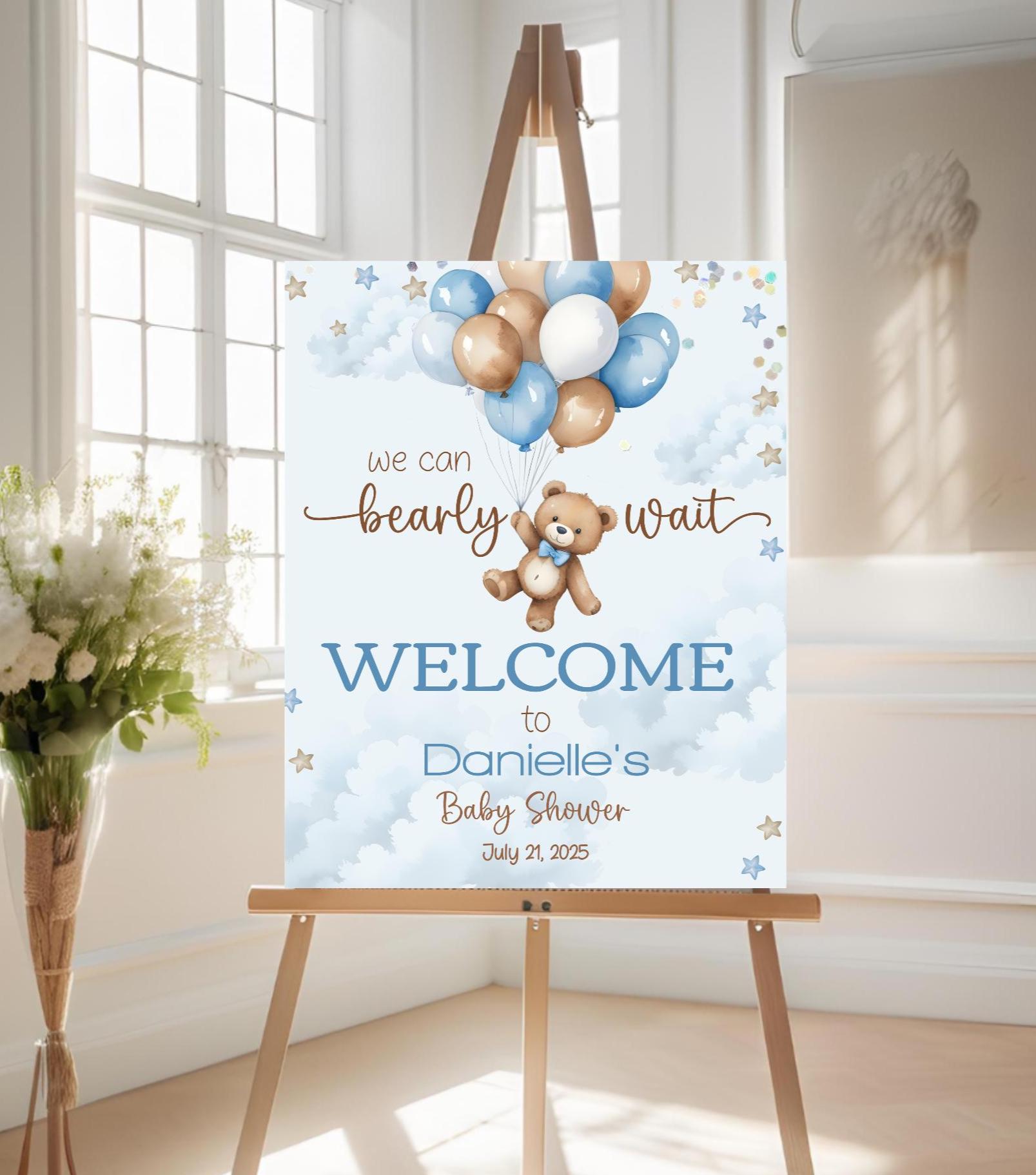 Teddy Bear Welcome Sign Template, Editable Boho We Can Bearly Wait Boy ...