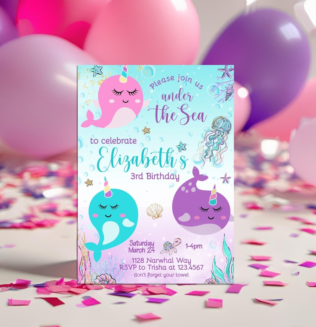 Editable Narwhal Invitation, Narwhal Birthday Invitation Template, Girl ...