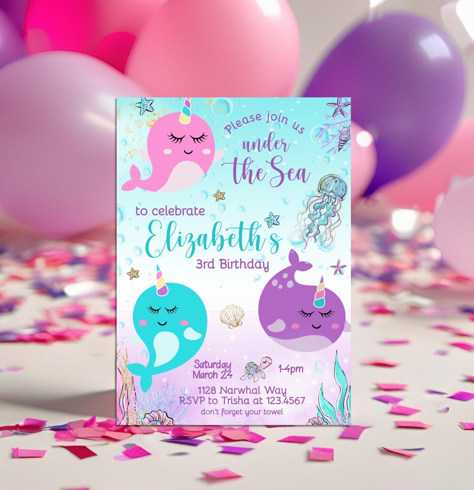 Editable Narwhal Invitation, Narwhal Birthday Invitation Template, Girl ...