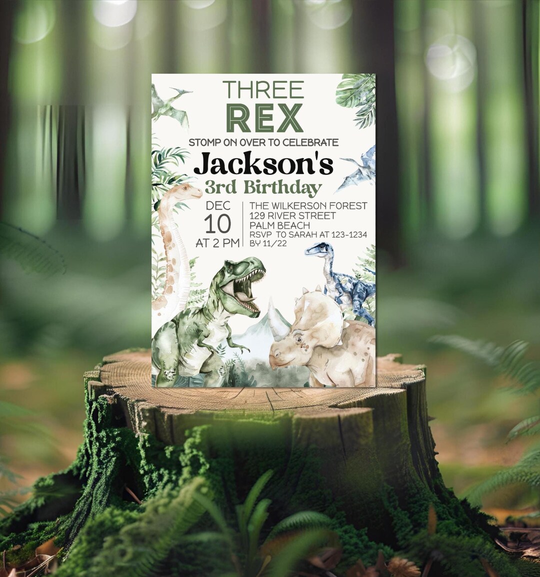 Editable Three Rex Dinosaur Birthday Invitation, T Rex Dino Birthday ...