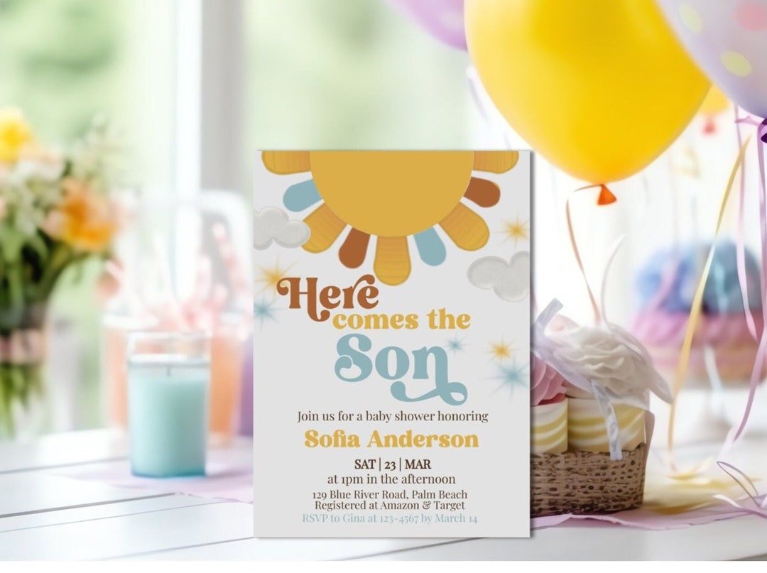 Editable Sunshine Baby Shower Invitation, Here Comes the Son Baby ...