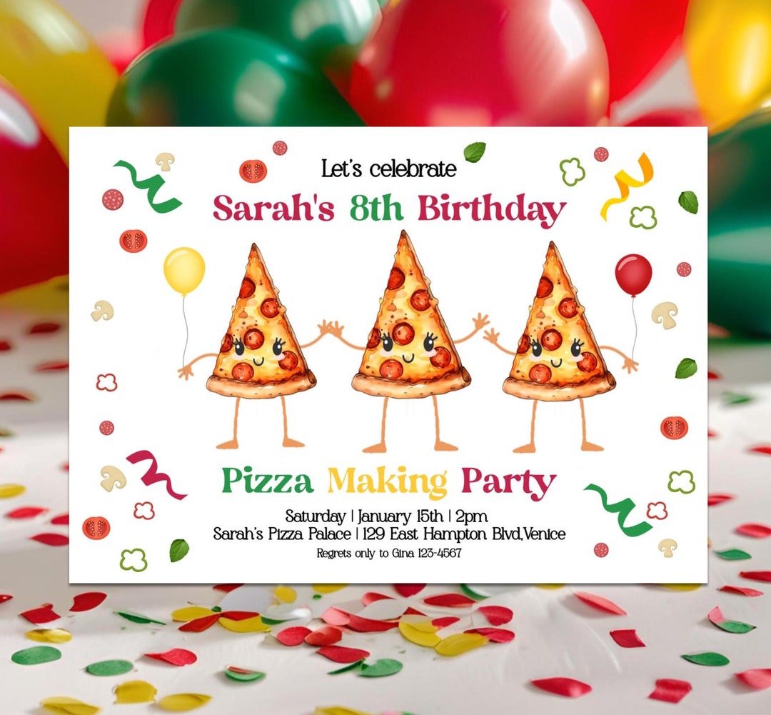 Pizza Party Invitation Template, Kids Birthday Invitation, Editable ...