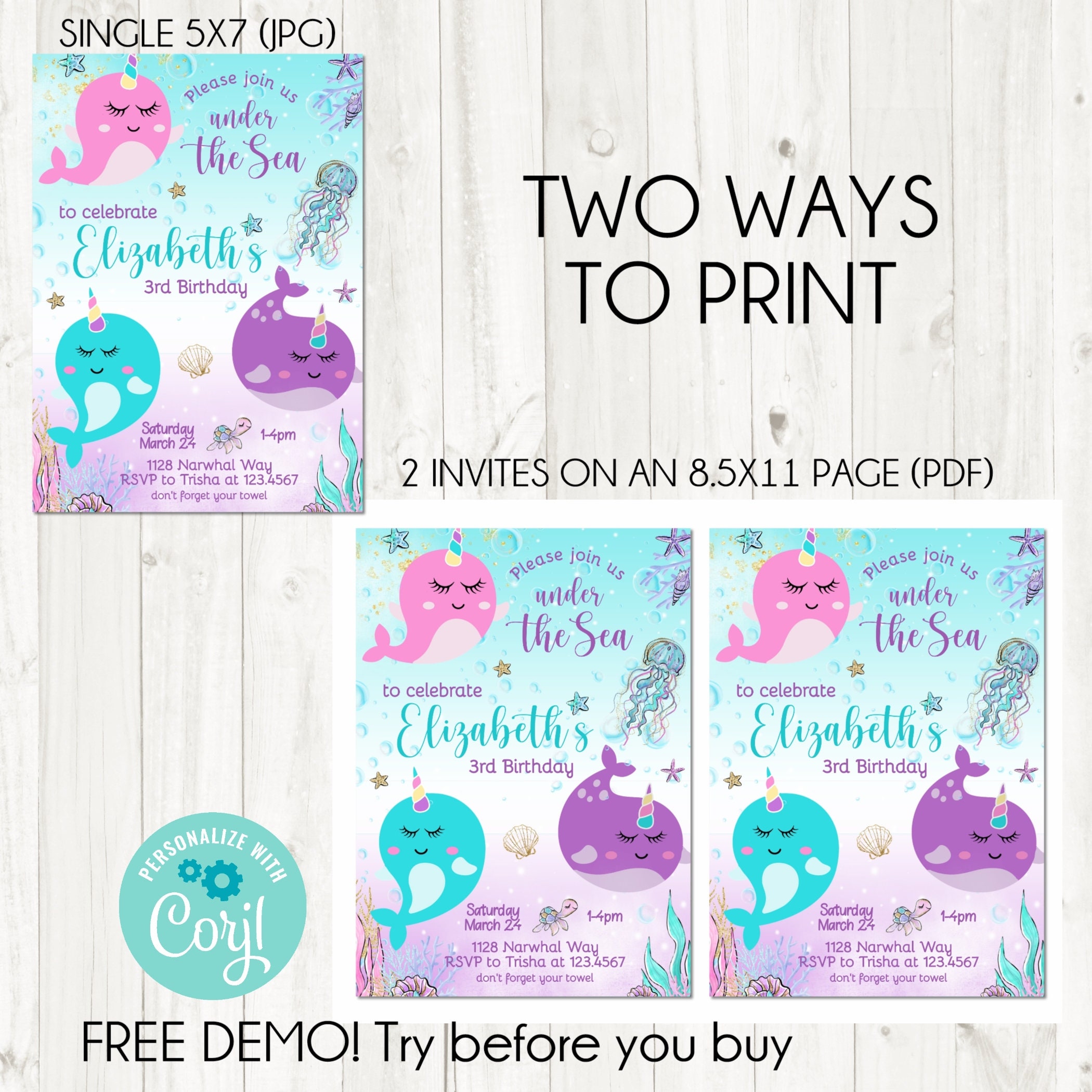 Editable Narwhal Invitation, Narwhal Birthday Invitation Template, Girl ...