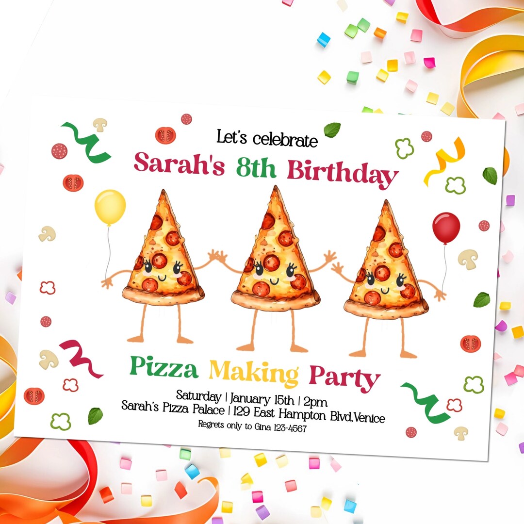 Pizza Party Invitation Template, Kids Birthday Invitation, Editable ...