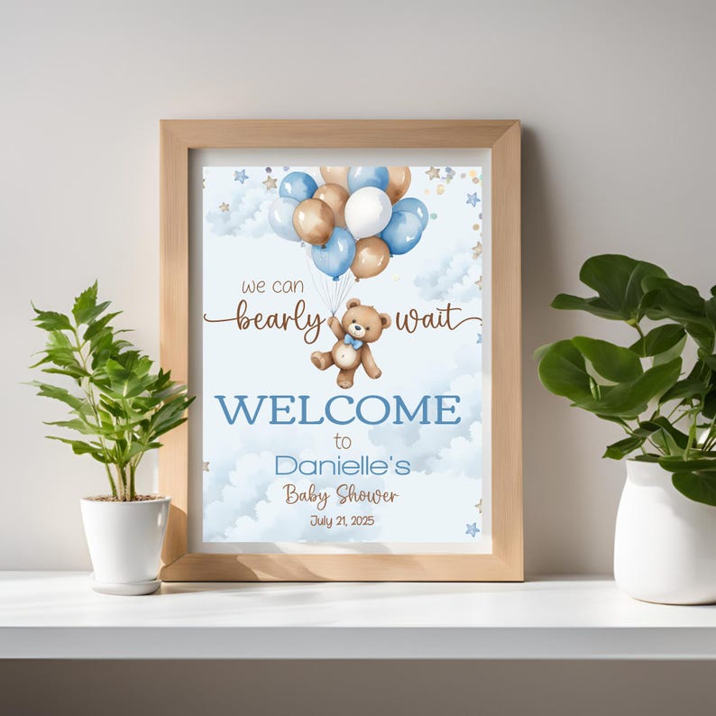 Teddy Bear Welcome Sign Template, Editable Boho We Can Bearly Wait Boy ...