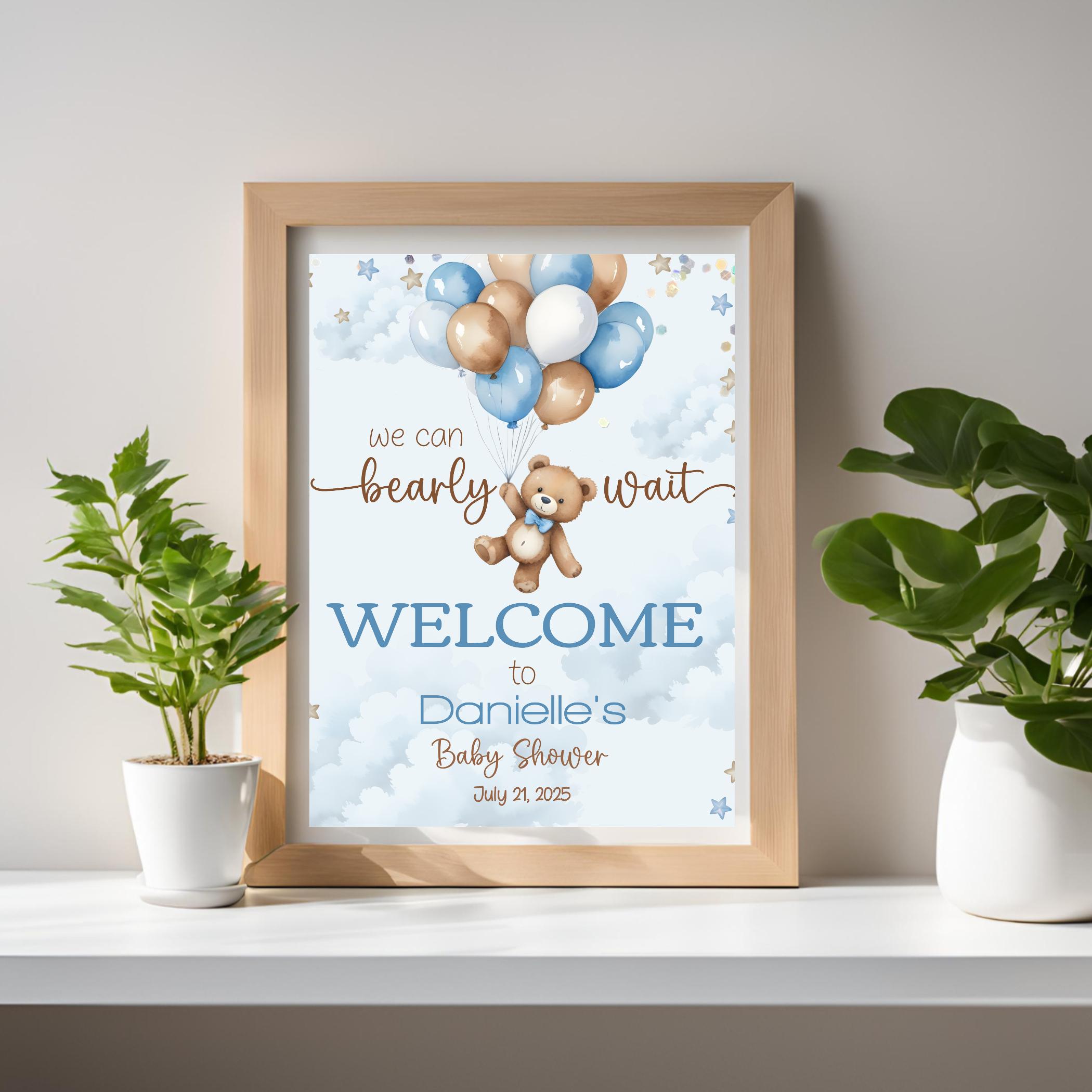 Teddy Bear Welcome Sign Template, Editable Boho We Can Bearly Wait Boy ...