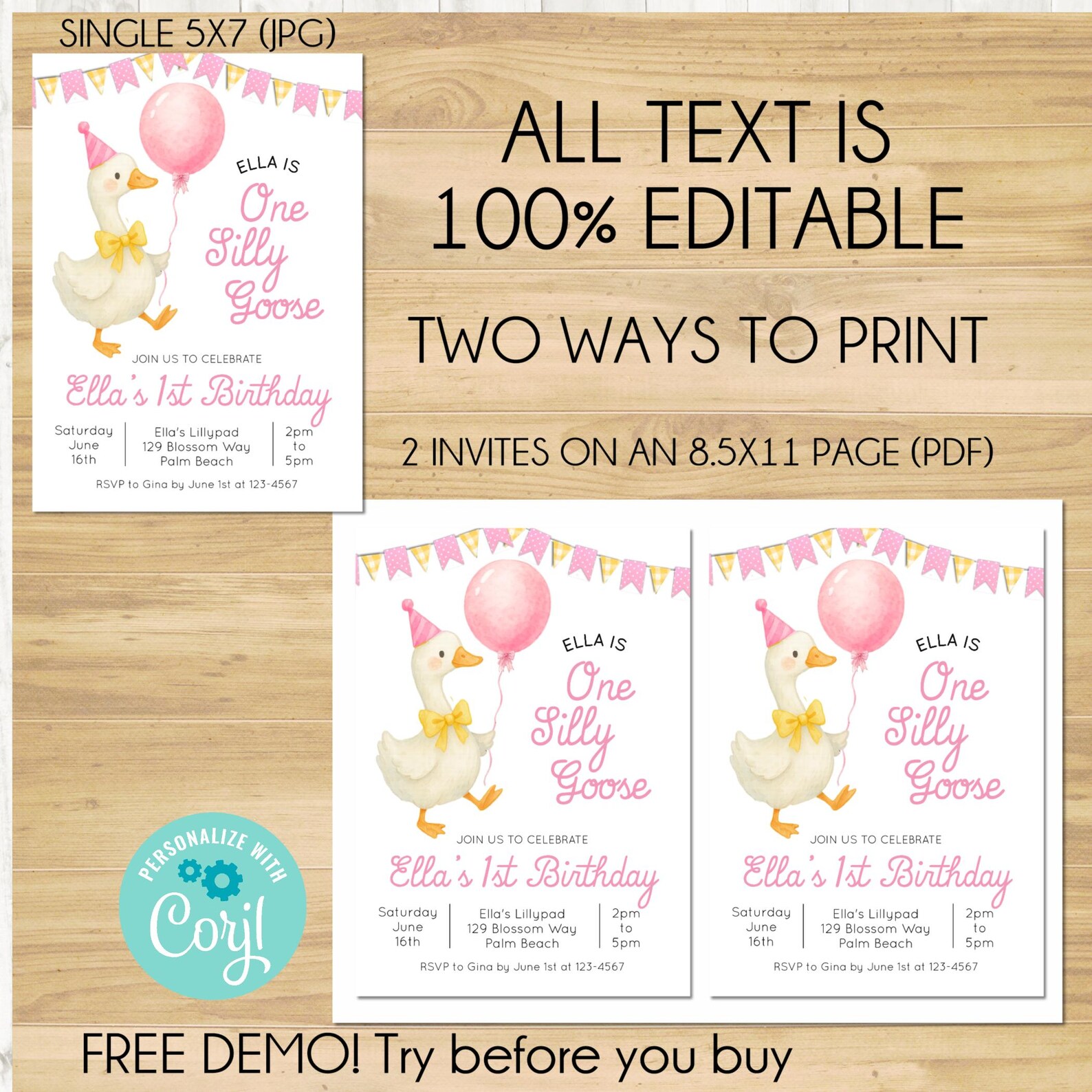 Editable One Silly Goose Birthday Invitation Template, First Birthday ...