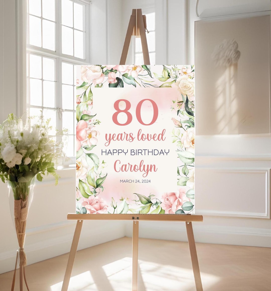 80th Birthday Welcome Sign Template, 80 Years Loved, Pink Floral ...
