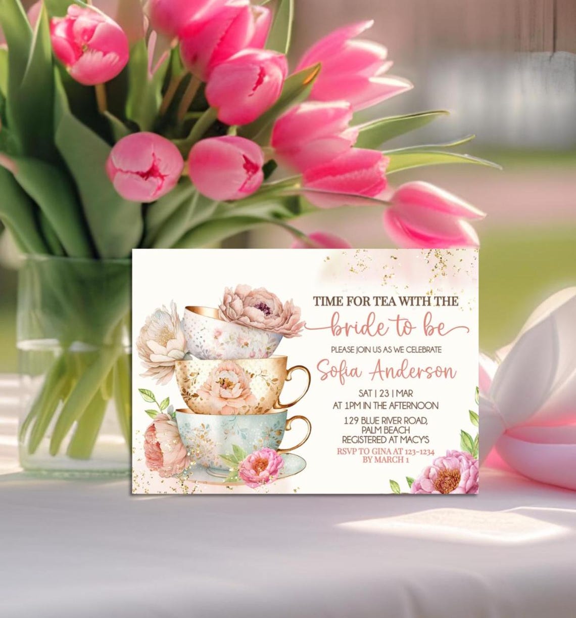 Tea Party Bridal Shower Invitation Template, Editable Boho Bridal ...