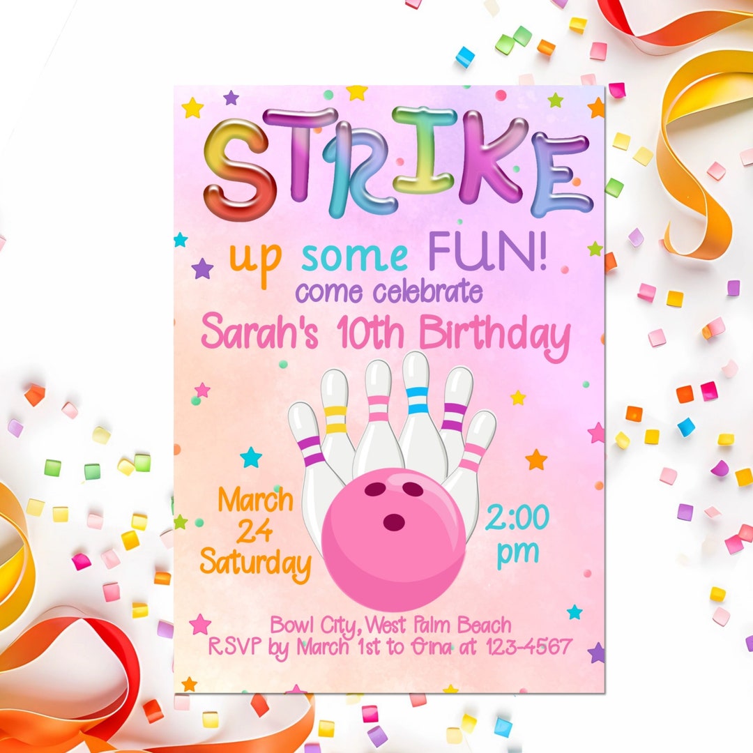 Editable Bowling Birthday Invitation, Bowling Party Invite, Strike up ...