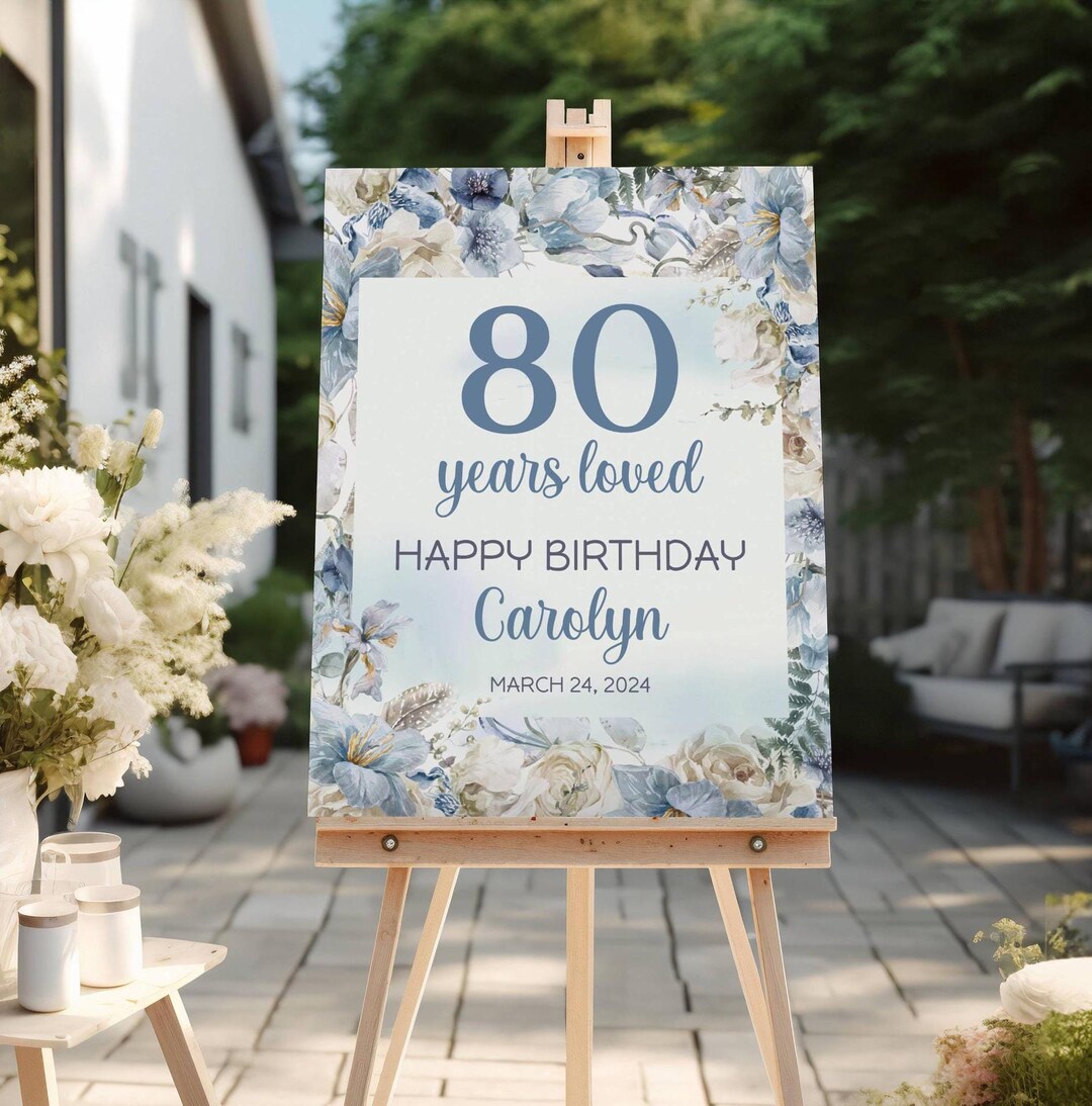 80th Birthday Welcome Sign Template, 80 Years Loved, Dusty Blue Floral ...