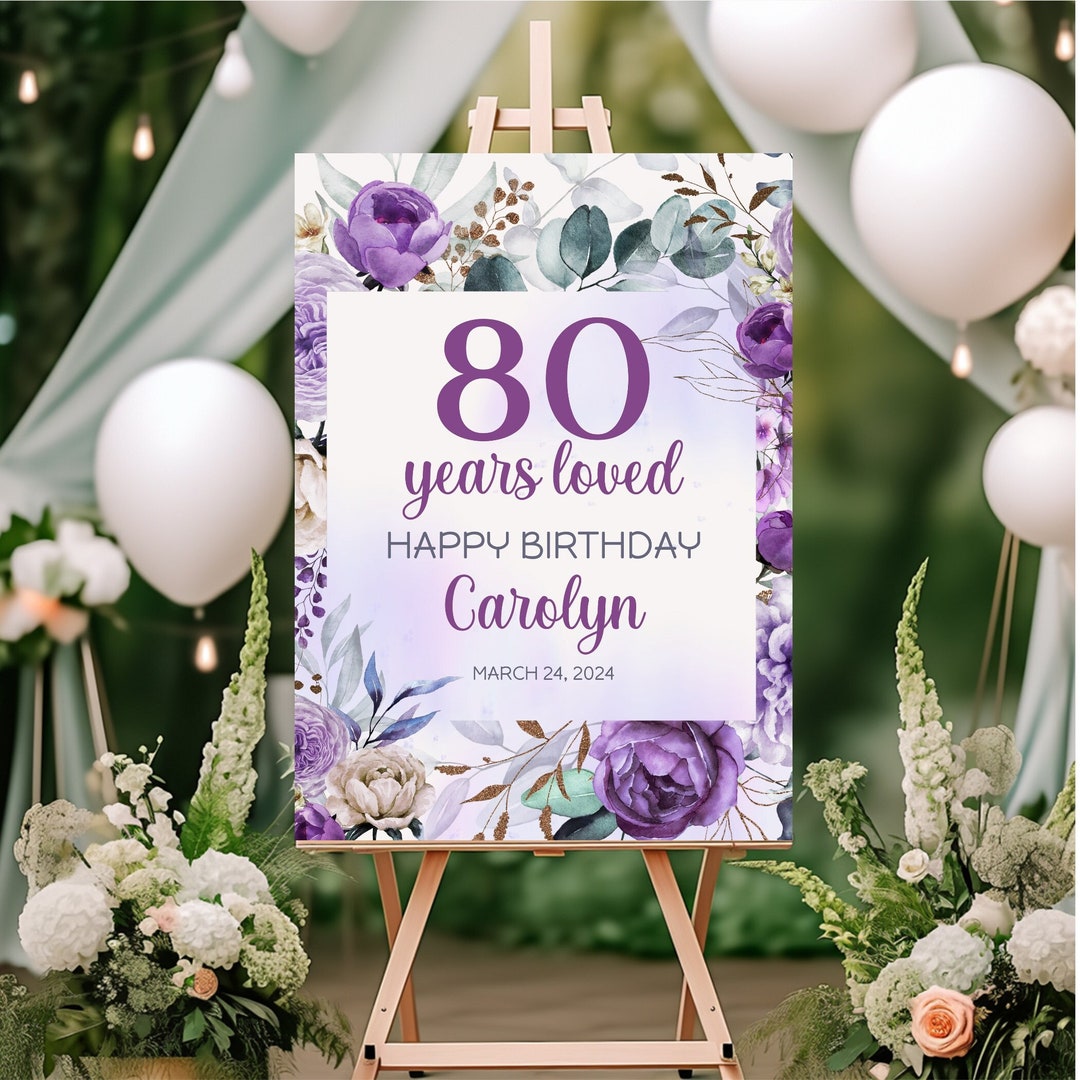 80th Birthday Welcome Sign Template, 80 Years Loved, Purple Floral ...