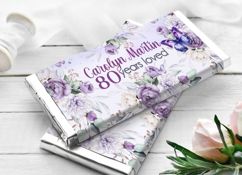 80th Birthday Favors Candy Bar Wrappers, Purple Floral Chocolate Bar ...