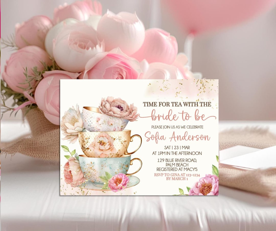 Tea Party Bridal Shower Invitation Template, Editable Boho Bridal ...