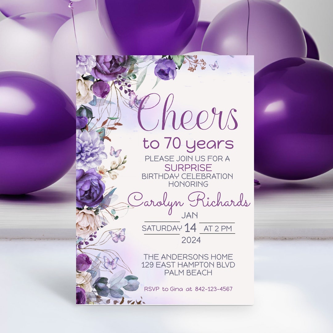 Surprise 70th Birthday Invitations for Women, Purple Floral Surprise ...