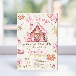Editable Christmas Gingerbread House Birthday Invitation Template, Printable Pink 1st Girl Oh ...
