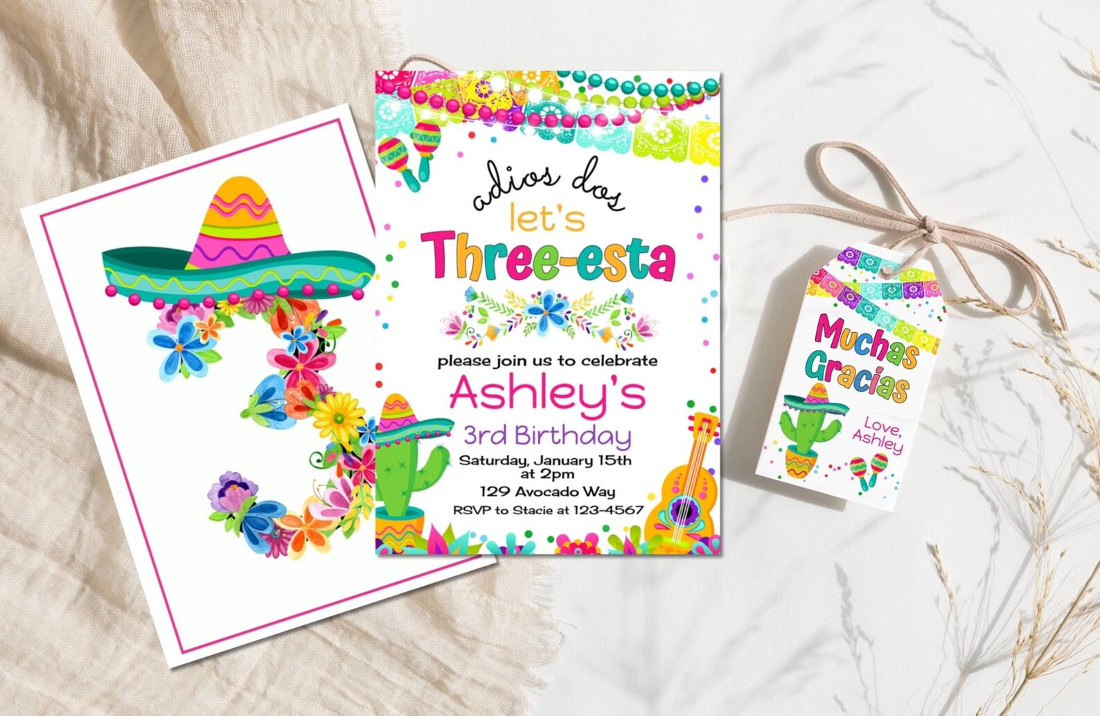 Editable Three Esta Invitation, 3rd Birthday Party Invitation, Fiesta ...