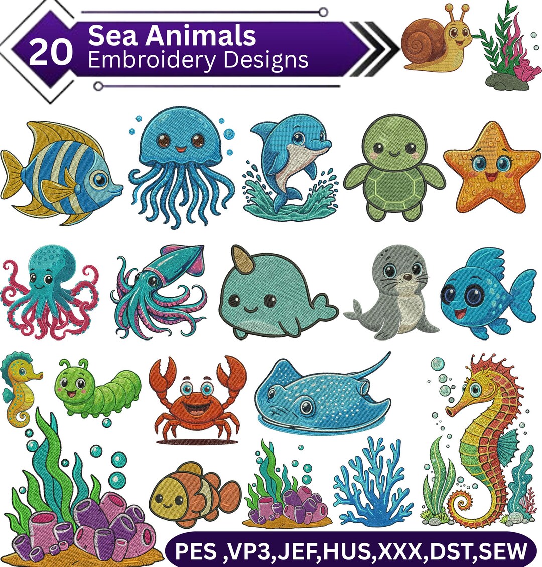 Sea Animals Embroidery Design | Ocean & Marine Life Machine Embroidery ...
