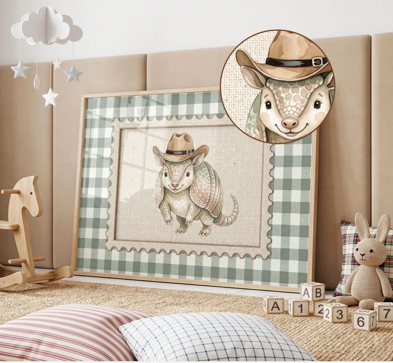 Armadillo Cowboy Poster, Western Animal Nursery Wall Art, Sage Green ...