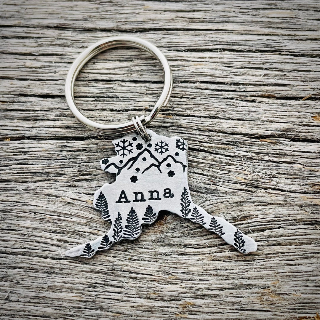 Alaska Keychain With Custom Name and Snowy Mountains and Forest ...
