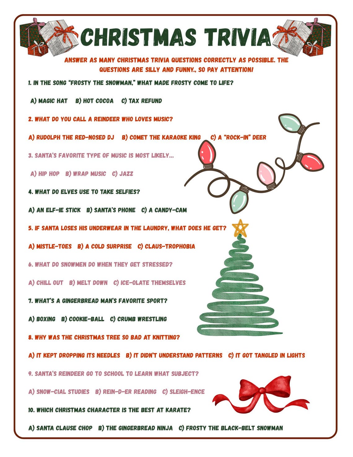 Funny Christmas Trivia Game – Printable Holiday Party Game – Instant ...