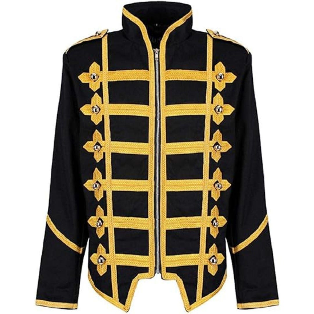Men Black Military Hussar Drummer Jacket Gold Braided Parade Band Coat ...