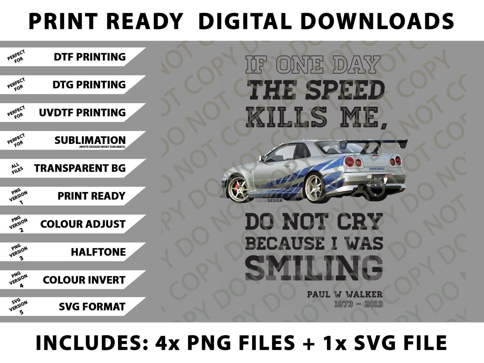 Paul Walker Tribute GTR - Halftone Png Bundle, SVG Files, Digital ...