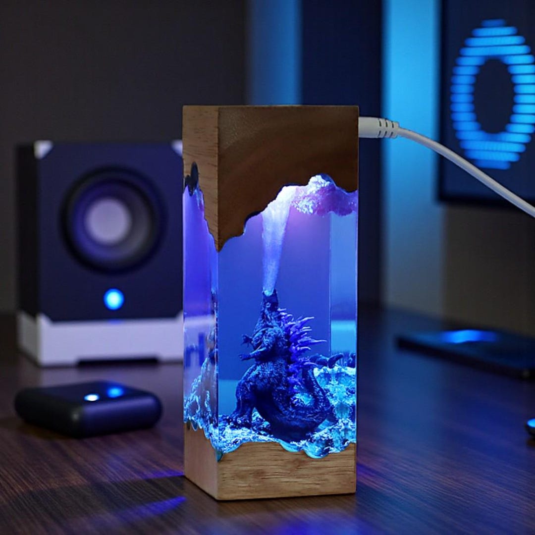 Kaiju Resin Lamp, Ocean Monster Epoxy Wood Art & Sci-fi Night Light ...