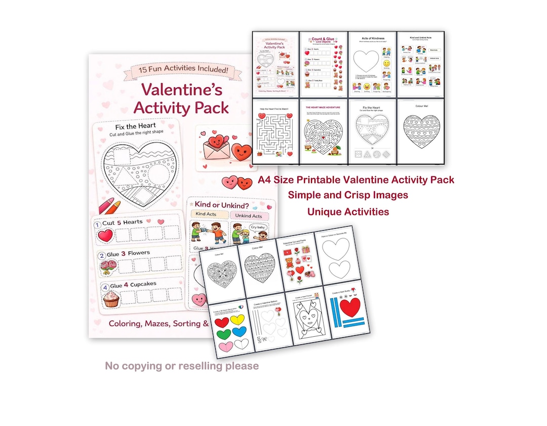 Valentine Activity Pack for Kids – 15 Printable Worksheets, Mazes ...