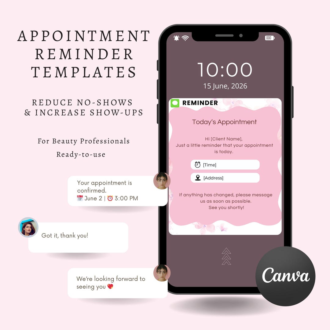 Appointment Reminder Templates, Pink Templates, Editable Canva, Client ...