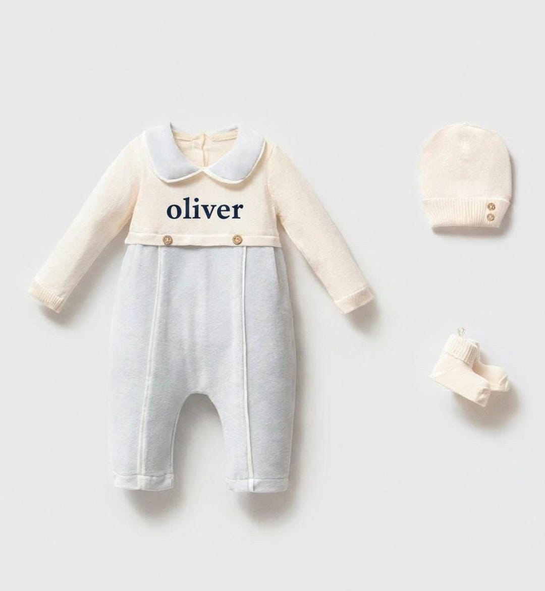 Personalized Knit Baby Romper Set, Velvet Pants, Hat & Booties - Etsy