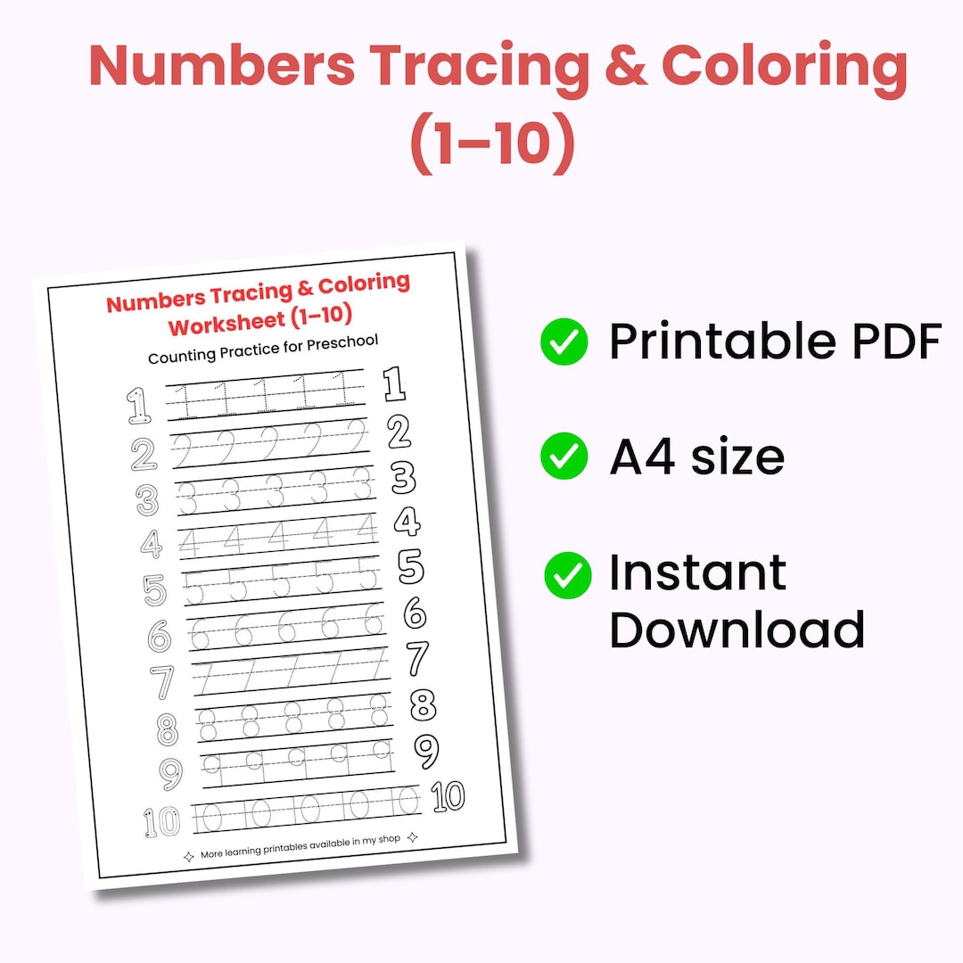 Numbers Tracing & Coloring Worksheet (1–10) | Preschool Printable ...